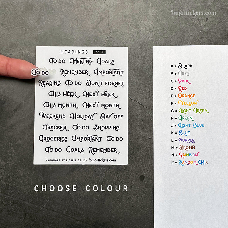 Headings 70 • Mixed planner heading stickers • 14 colour options ...