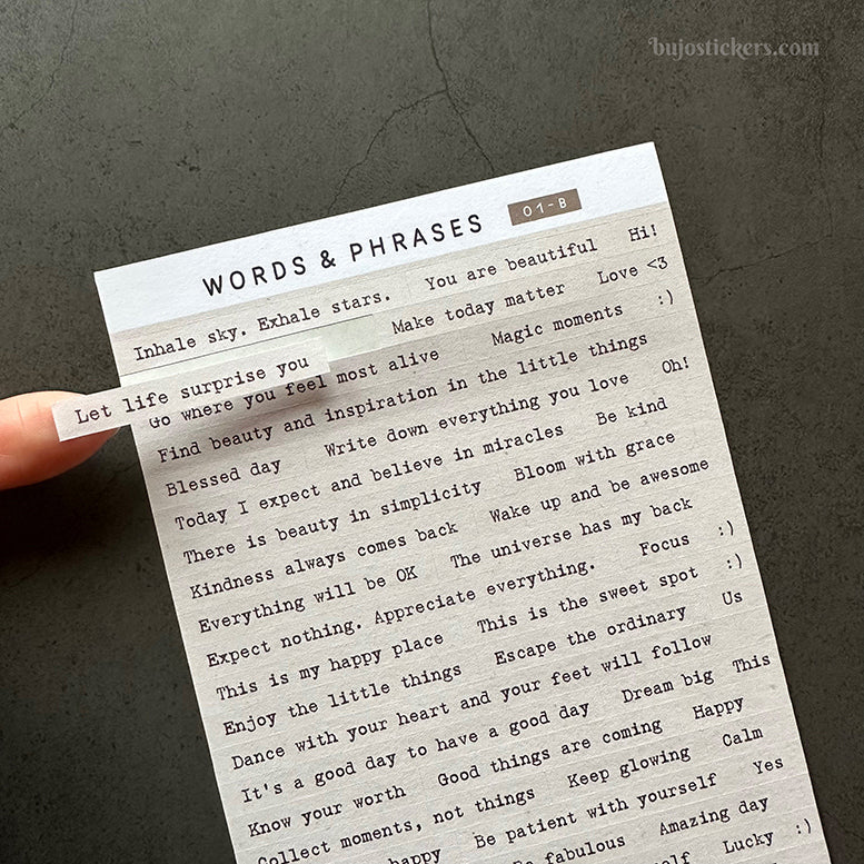 Words & phrases stickers. Typewriter font on old paper. – bujostickers
