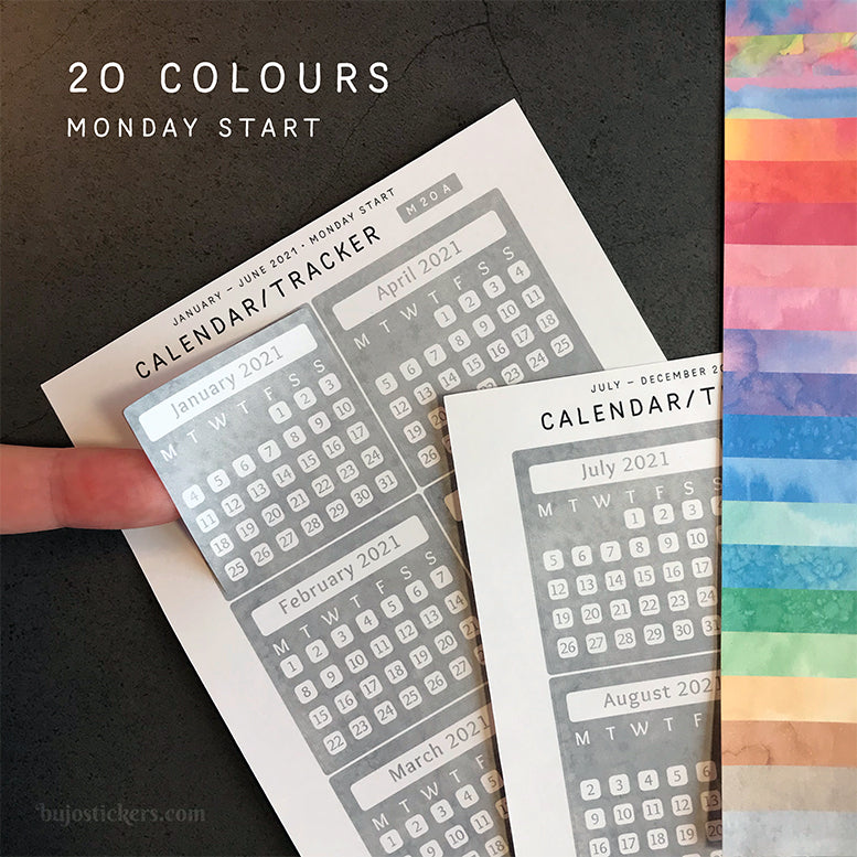 Stickers with monthly calendar in 20 colours colors. Monday start ...